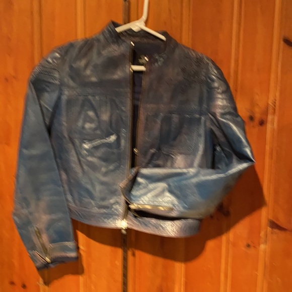 Versache blue distressed leather jacket broken zip